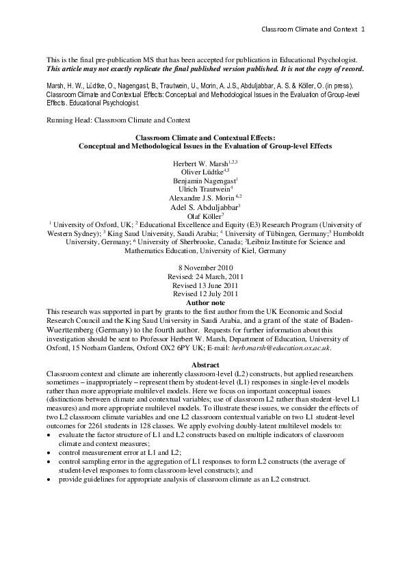 (PDF) Classroom Climate and Contextual Effects: Conceptual and Methodological Issues in the ...