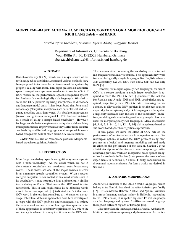 (PDF) Morpheme-based automatic speech recognition for a morphologically rich language-amharic