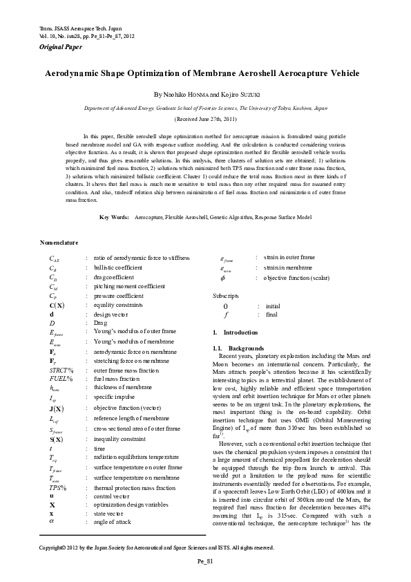 Pdf Aerodynamic Shape Optimization Of Membrane Aeroshell Aerocapture Vehicle