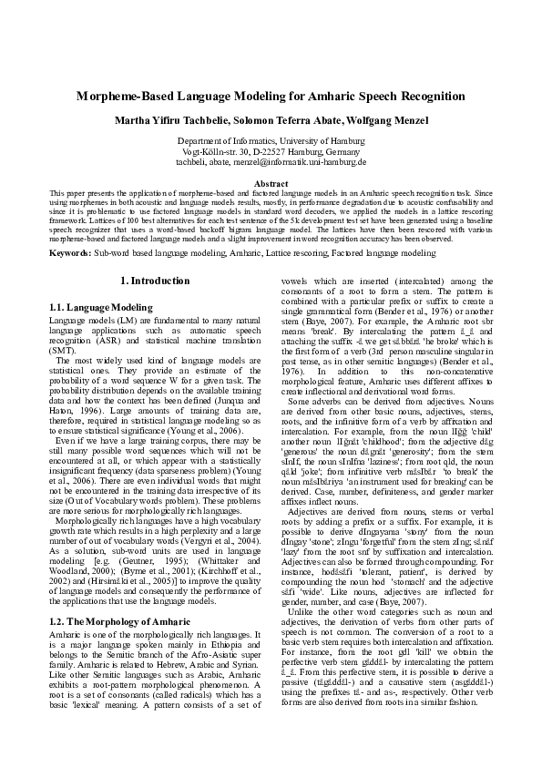 (PDF) Morpheme-based language modeling for amharic speech recognition
