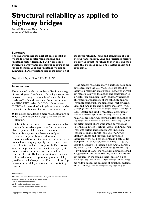 (PDF) Structural reliability as applied to highway bridges