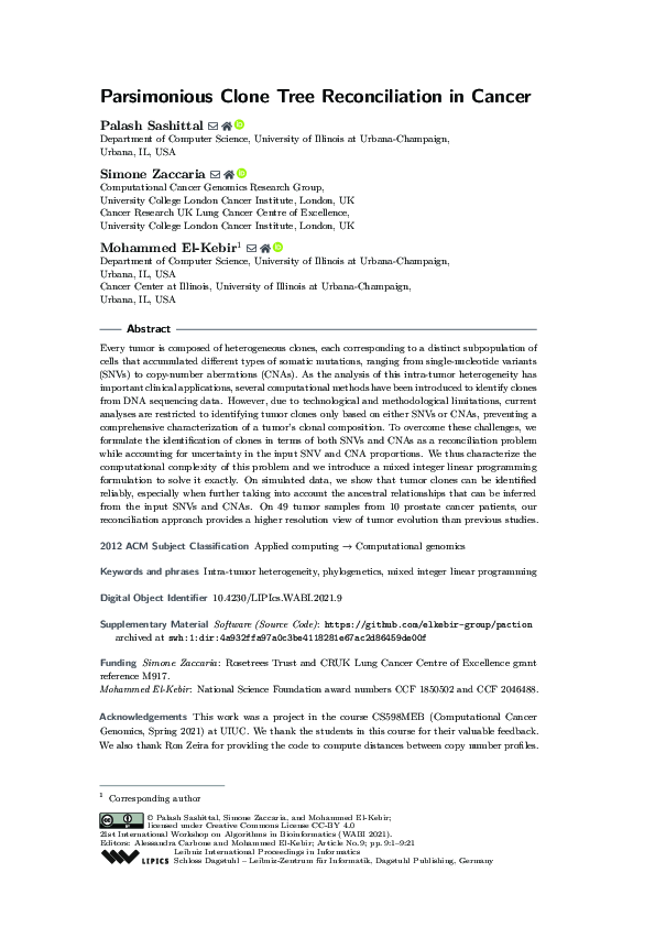 Pdf Parsimonious Clone Tree Reconciliation In Cancer Palash