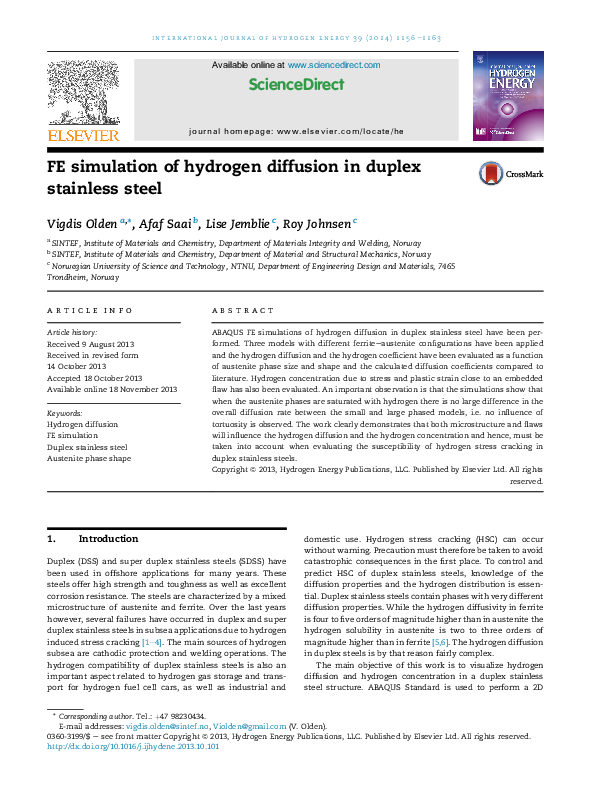 (PDF) FE Simulation of Hydrogen Diffusion in a Duplex Stainless Steel -Influence of Phase Shape ...