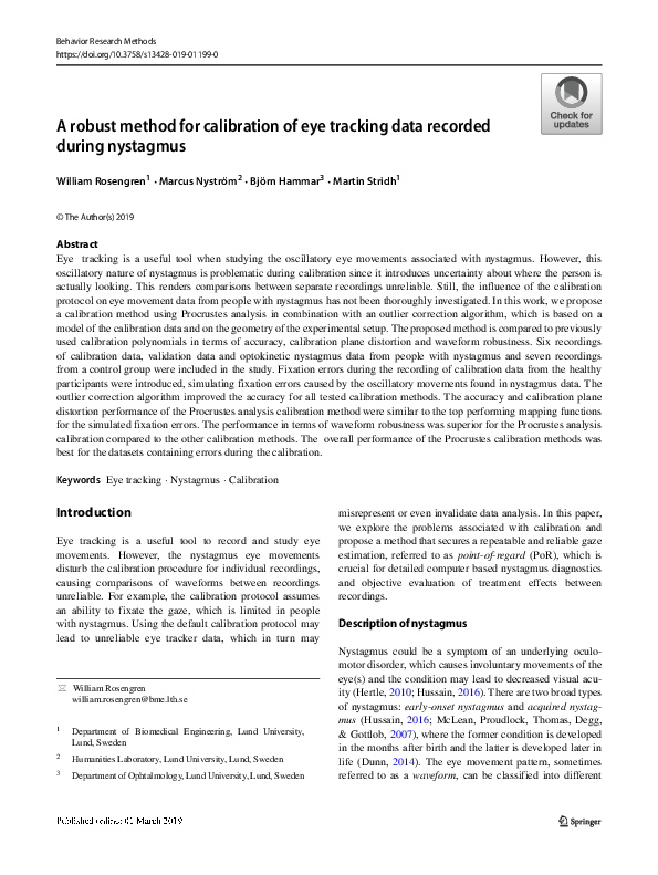 Pdf A Robust Method For Calibration Of Eye Tracking Data Recorded During Nystagmus