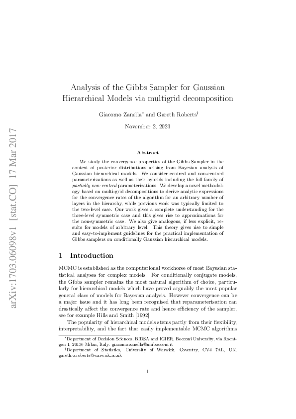 Pdf Analysis Of The Gibbs Sampler For Gaussian Hierarchical Models Via Multigrid Decomposition
