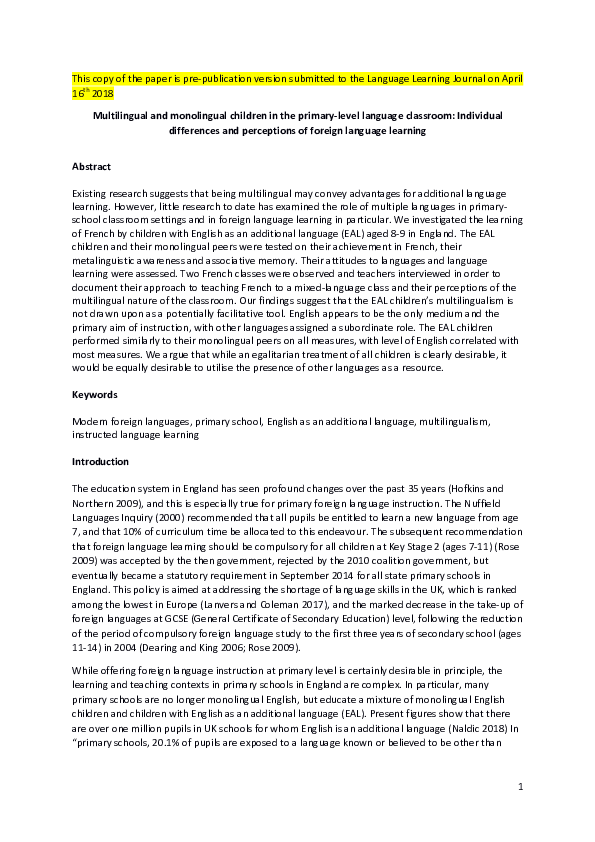 (PDF) Multilingual and monolingual children in the primary-level ...