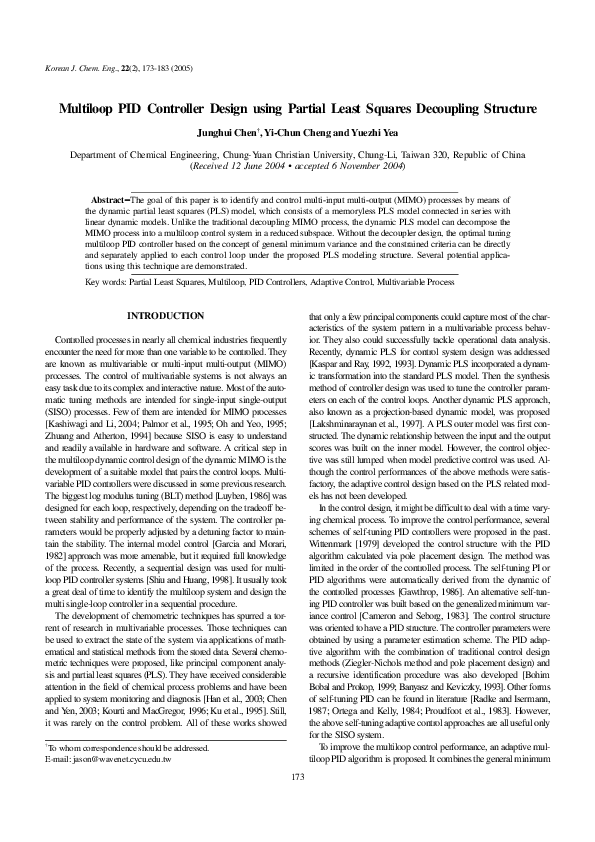 Pdf Multiloop Pid Controller Design Using Partial Least Squares Decoupling Structure 