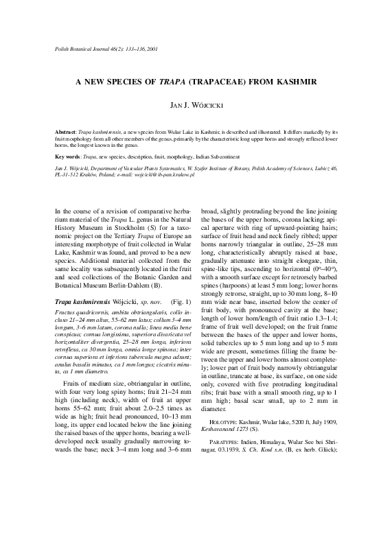 (PDF) A New Species of Trapa (Trapaceae) from Kashmir