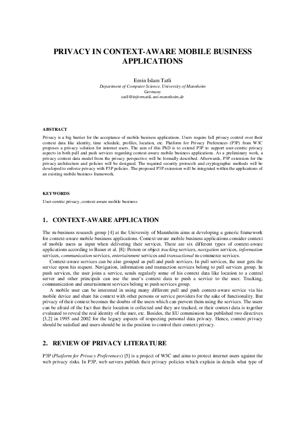 (PDF) Privacy in Context-Aware Mobile Business Applications