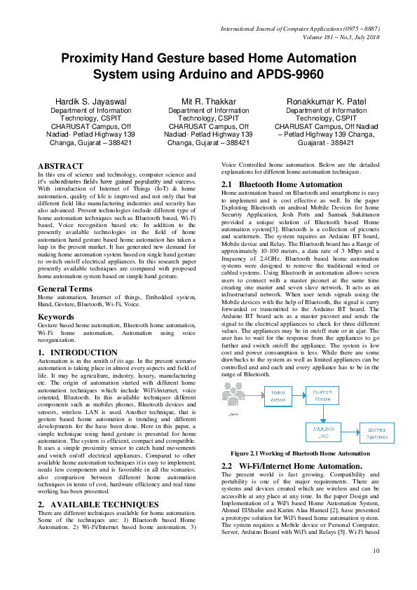 Pdf Proximity Hand Gesture Based Home Automation System Using Arduino