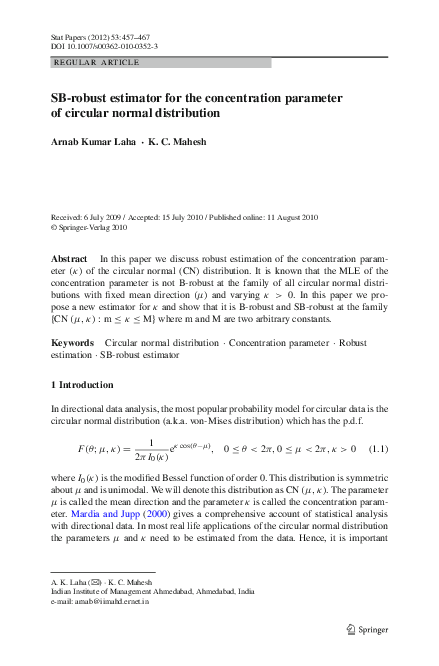 (PDF) SB-robust estimator for the concentration parameter of circular normal distribution | Prof ...