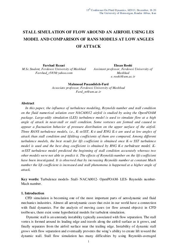 (PDF) Stall Simulation of Flow Around an Airfoil Using Les Model and ...
