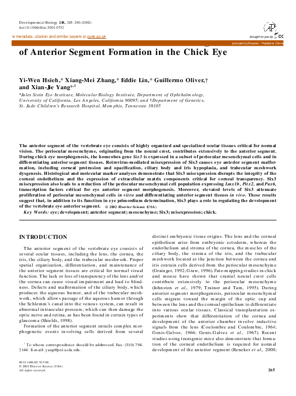 (PDF) The homeobox gene Six3 is a potential regulator of anterior ...