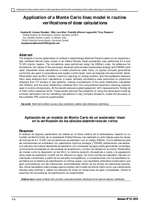 Pdf Application Of A Monte Carlo Linac Model In Routine Verifications Of Dose Calculations