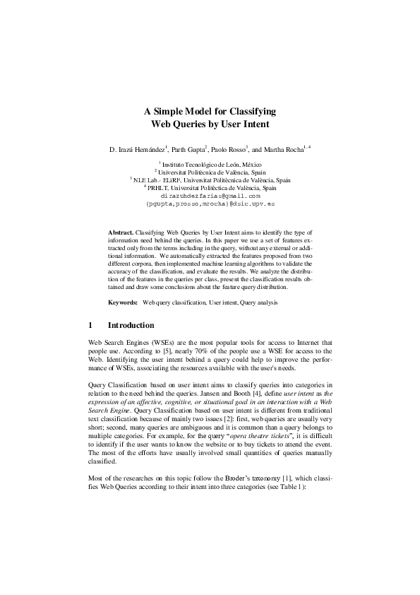 (PDF) A Simple Model for Classifying Web Queries by User Intent