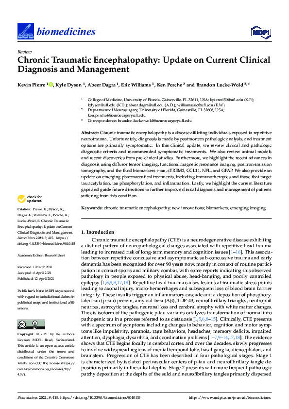 (PDF) Chronic Traumatic Encephalopathy: Diagnosis & Treatment