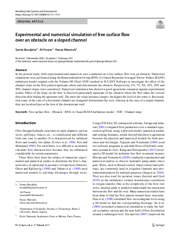Pdf Experimental And Numerical Simulation Of Free Surface Flow Over An Obstacle On A Sloped