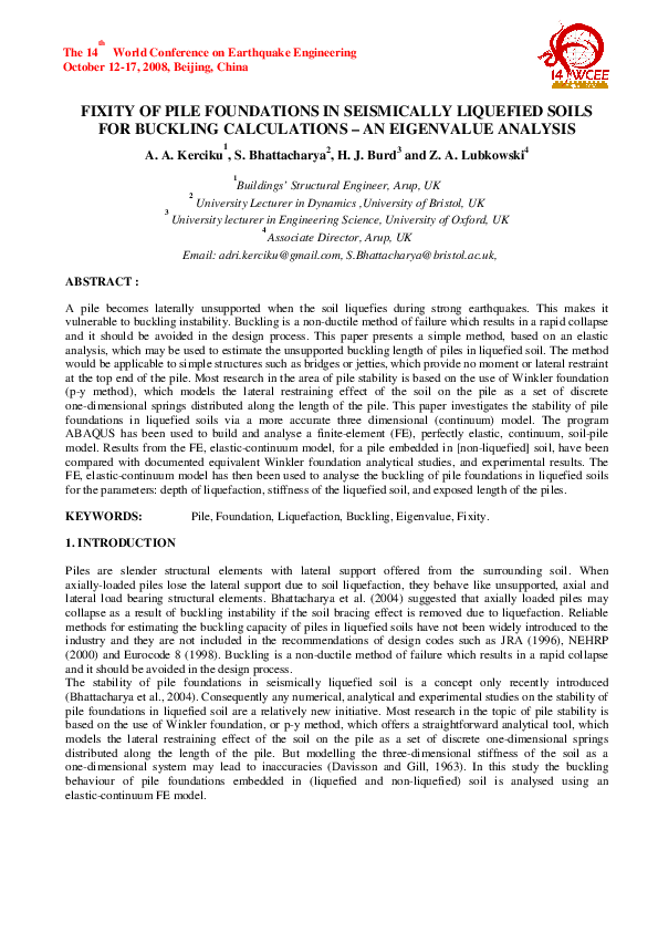 (PDF) Fixity of Pile Foundations in Seismically Liquefied Soils for Buckling Calculations – an ...
