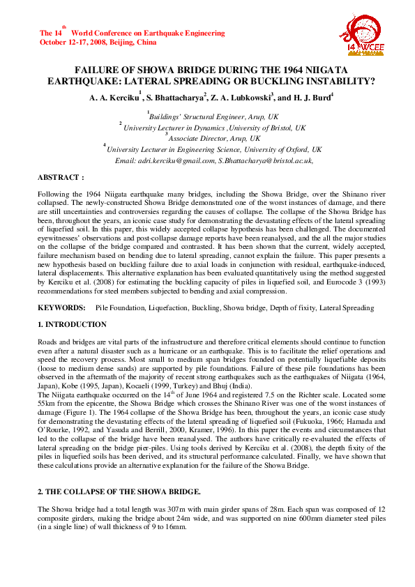 (PDF) Failure of Showa Bridge During the 1964 Niigata Earthquake ...