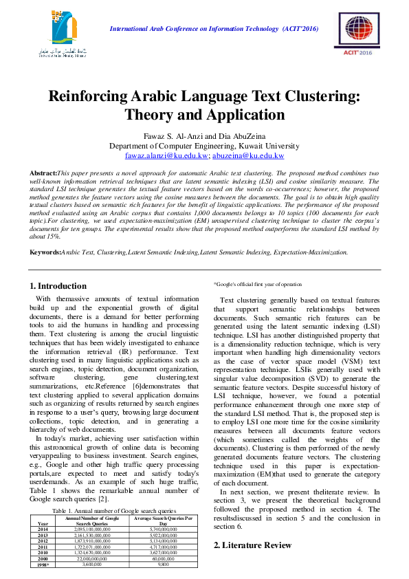 Pdf Reinforcing Arabic Language Text Clustering Theory And Application Fawaz Al Anzi