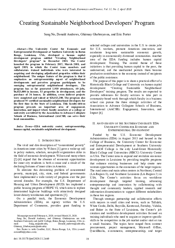 (PDF) Creating Sustainable Neighborhood Developers' Program