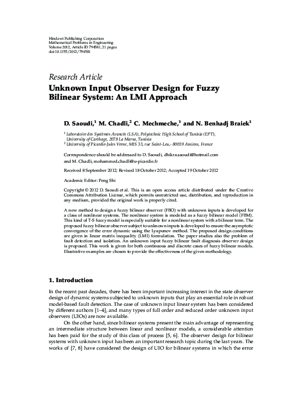 (PDF) Unknown Input Observer Design for Fuzzy Bilinear System: An LMI Approach