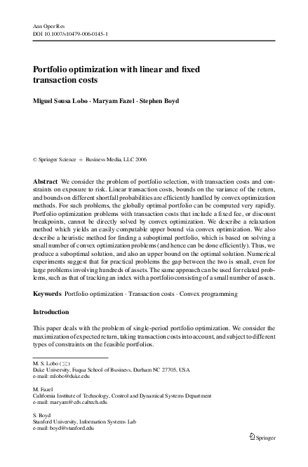 (PDF) Portfolio optimization with linear and fixed transaction costs