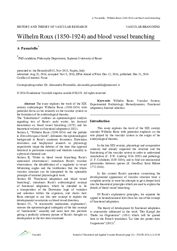 (PDF) Wilhelm Roux (1850-1924) and blood vessel branching