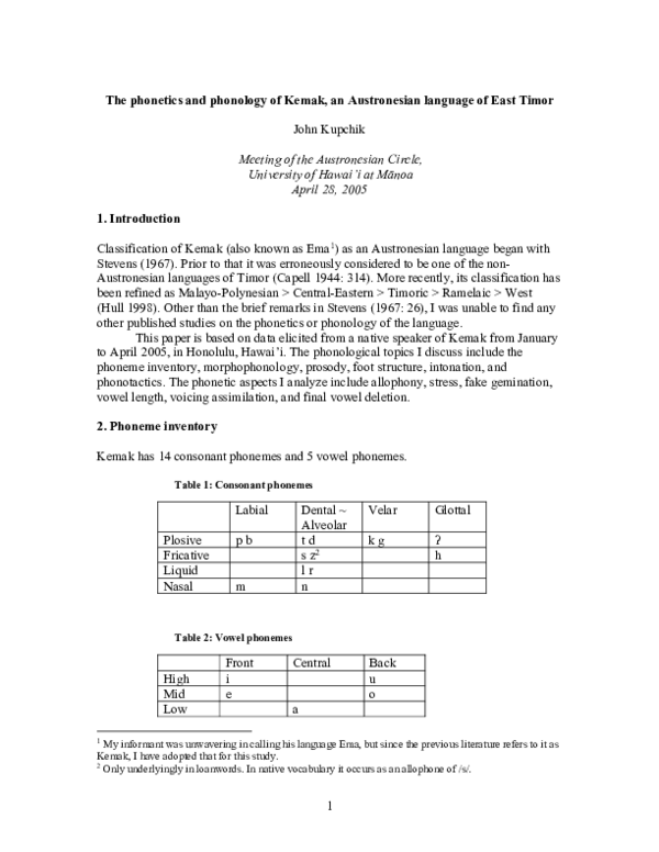 (PDF) The phonetics and phonology of Kemak, an Austronesian language of ...