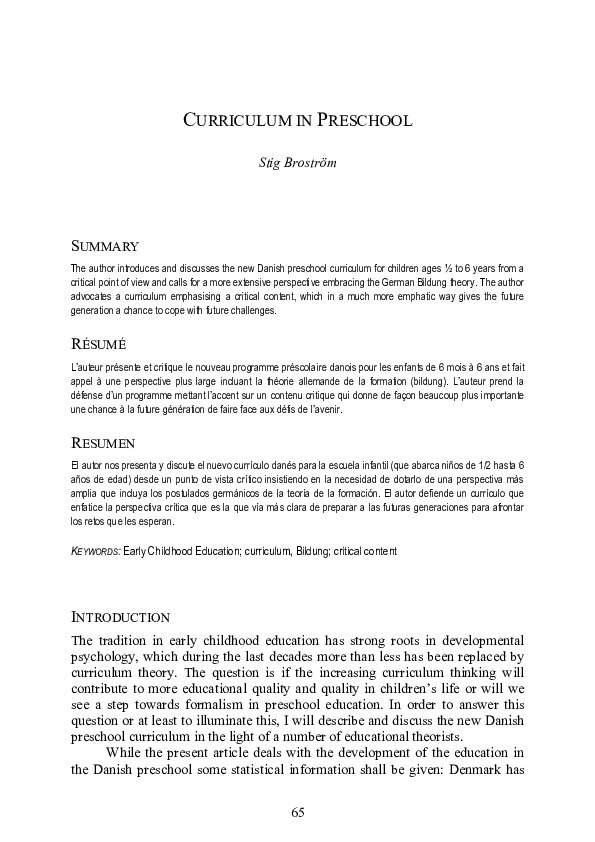 (PDF) Curriculum In Preschool