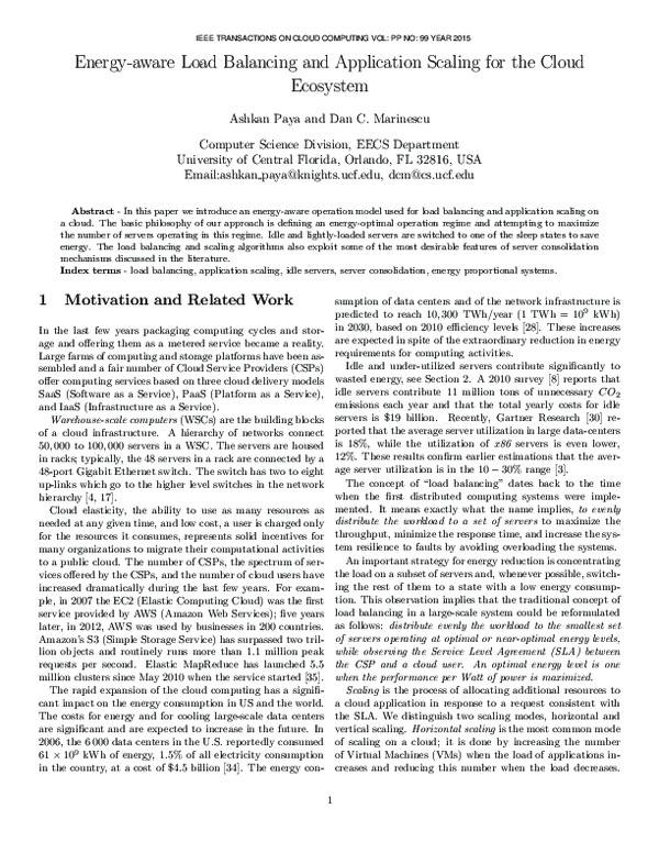 Pdf Energy Aware Load Balancing And Application Scaling For The Cloud