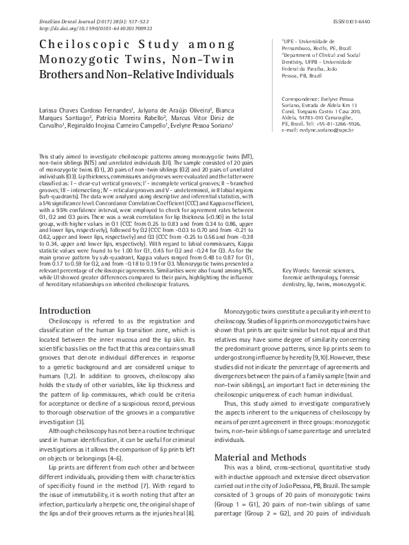 (PDF) Cheiloscopic Study among Monozygotic Twins, Non-Twin Brothers and ...