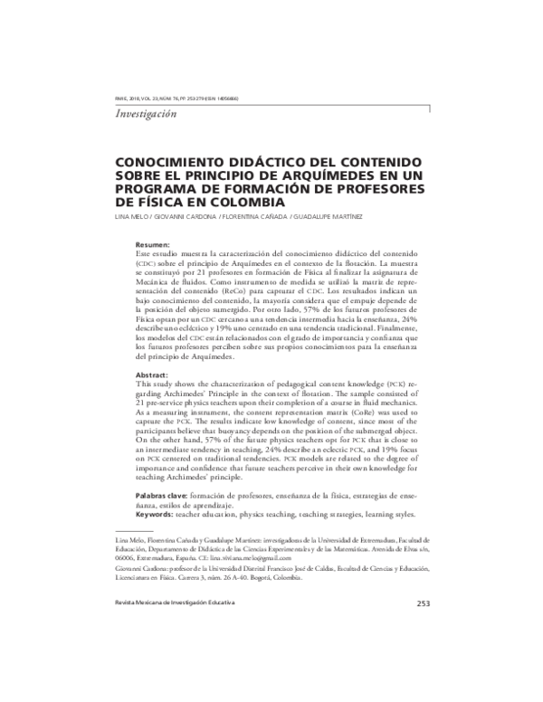 (PDF) Conocimiento didáctico del contenido sobre el principio de Arquímedes en un programa de ...