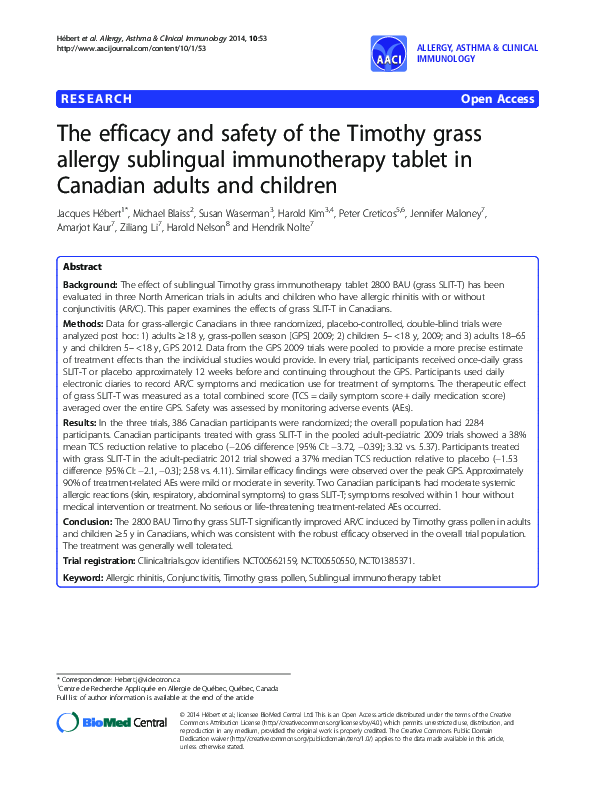 (PDF) The efficacy and safety of the Timothy grass allergy sublingual ...