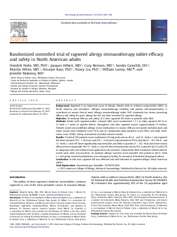 (PDF) Randomized controlled trial of ragweed allergy immunotherapy ...
