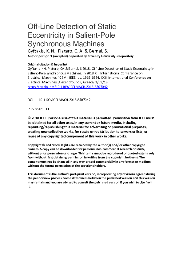 (PDF) Off-Line Detection of Static Eccentricity in Salient-Pole Synchronous Machines