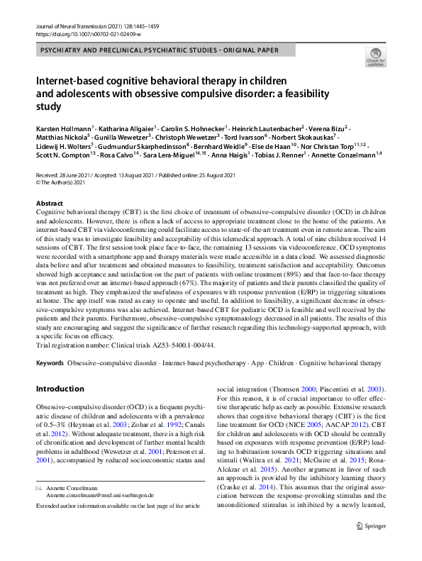 (PDF) Internet-based cognitive behavioral therapy in children and adolescents with obsessive ...