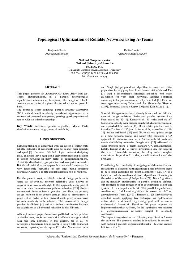 (PDF) Topological Optimization of Reliable Networks using A-Teams