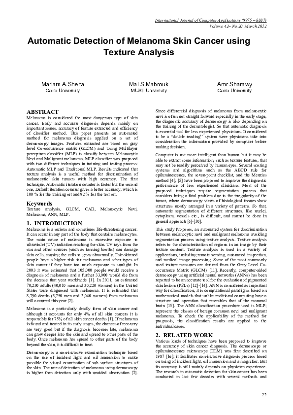 (PDF) Automatic Detection of Melanoma Skin Cancer using Texture Analysis