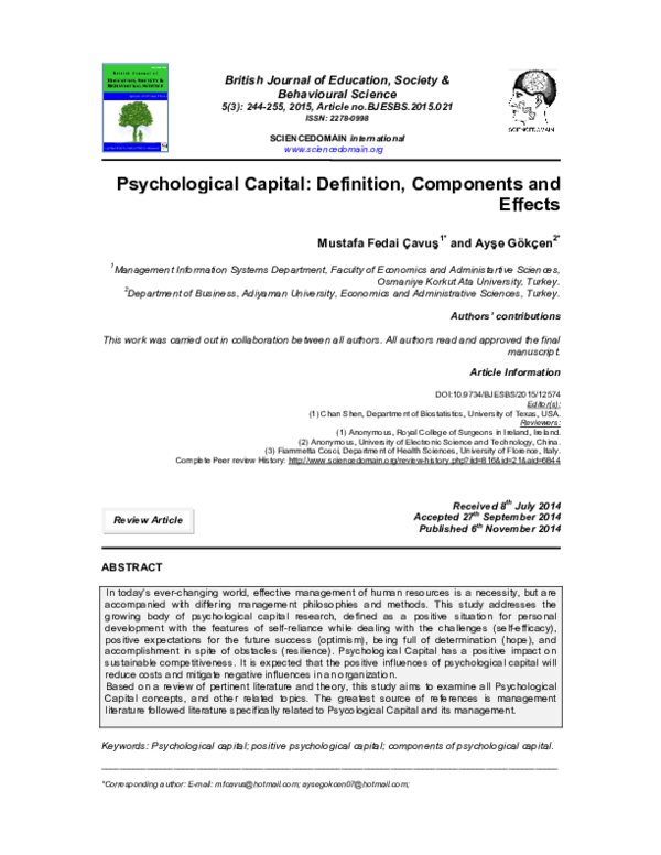 (PDF) Psychological Capital: Definition, Components and Effects