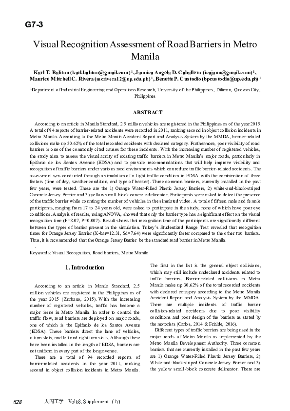 (PDF) G7-3 Visual Recognition Assessment of Road Barriers in Metro Manila