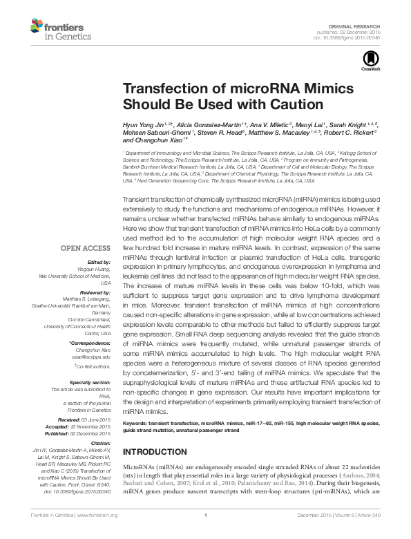 (PDF) Transfection of microRNA Mimics Should Be Used with Caution