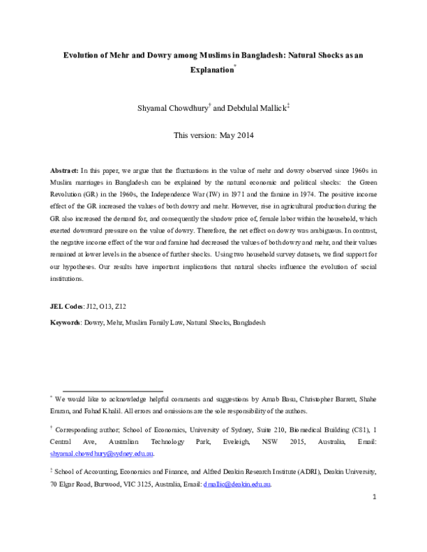 (PDF) Evolution of Mehr and Dowry among Muslims in Bangladesh: Natural ...