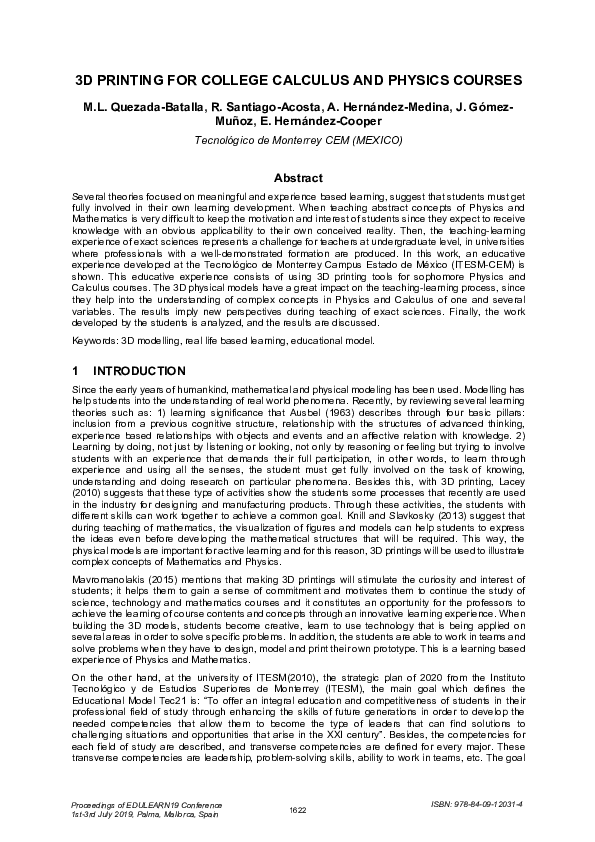 (PDF) 3D printing for college calculus and physics courses