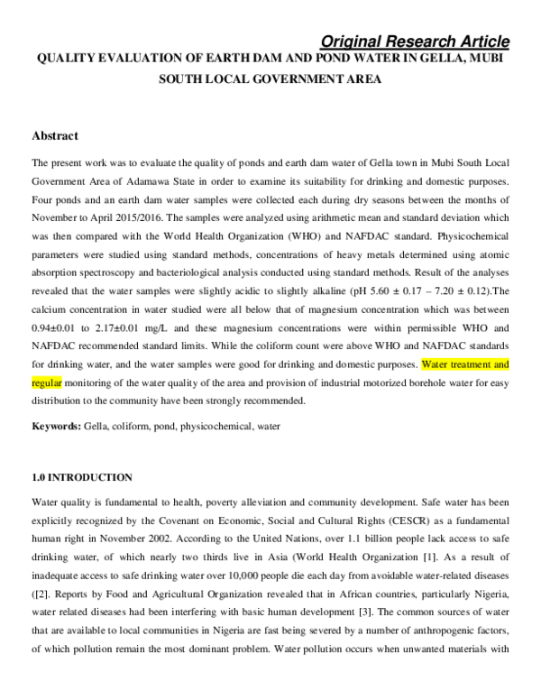 (PDF) Quality Evaluation of Earth Dam and Pond Water in Gella, Mubi ...