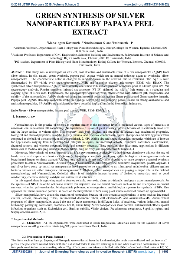 (PDF) Green Synthesis of Silver Nanoparticles by Papaya Peel Extract