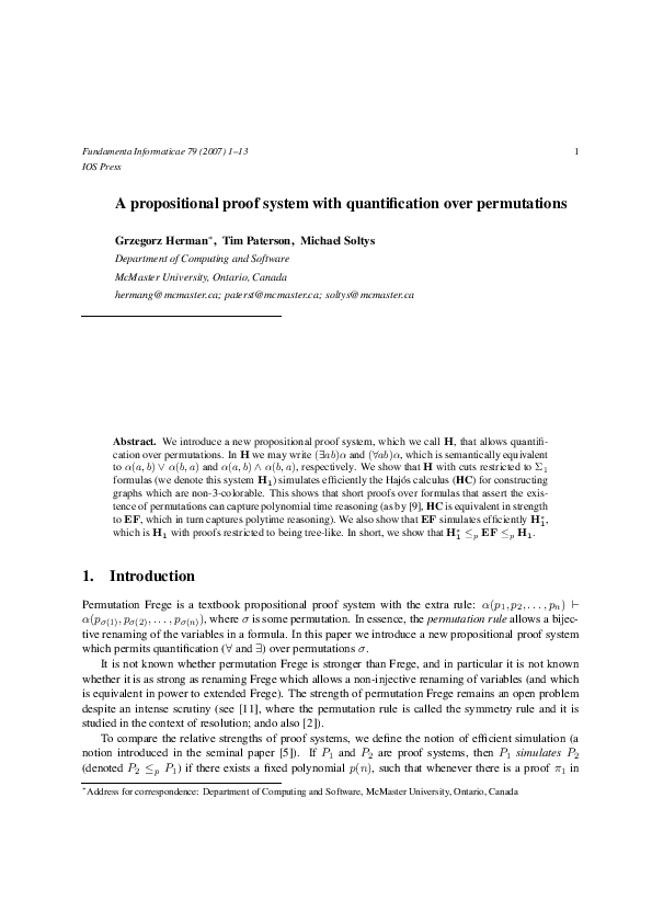 (PDF) A Propositional Proof System with Quantification Over Permutations