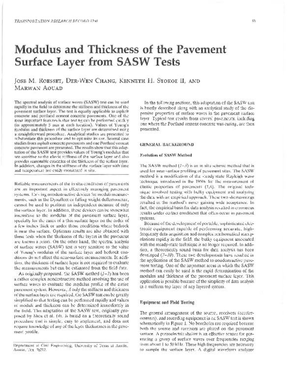 (PDF) Modulus and Thickness of the Pavement Surface Layer from Sasw Tests