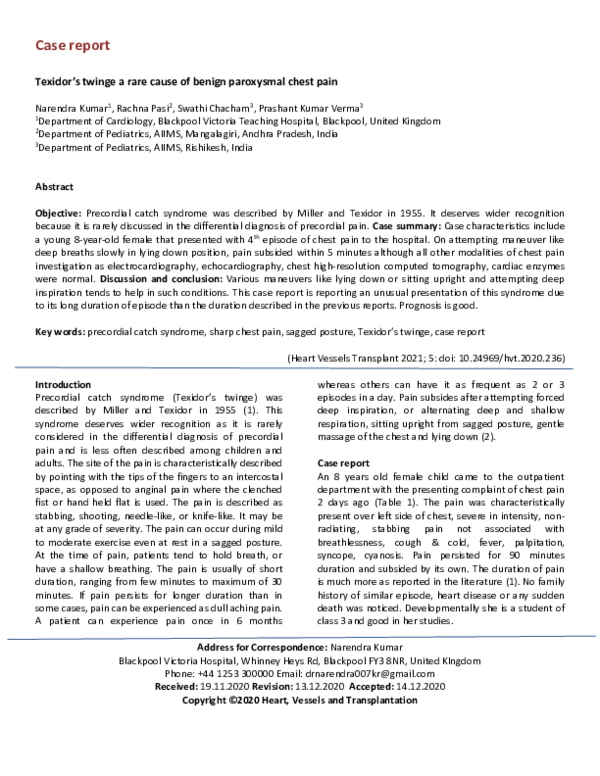 (PDF) Texidor’s twinge a rare cause of benign paroxysmal chest pain