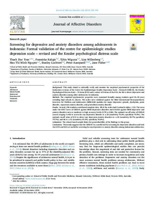 (PDF) Screening for depressive and anxiety disorders among adolescents ...